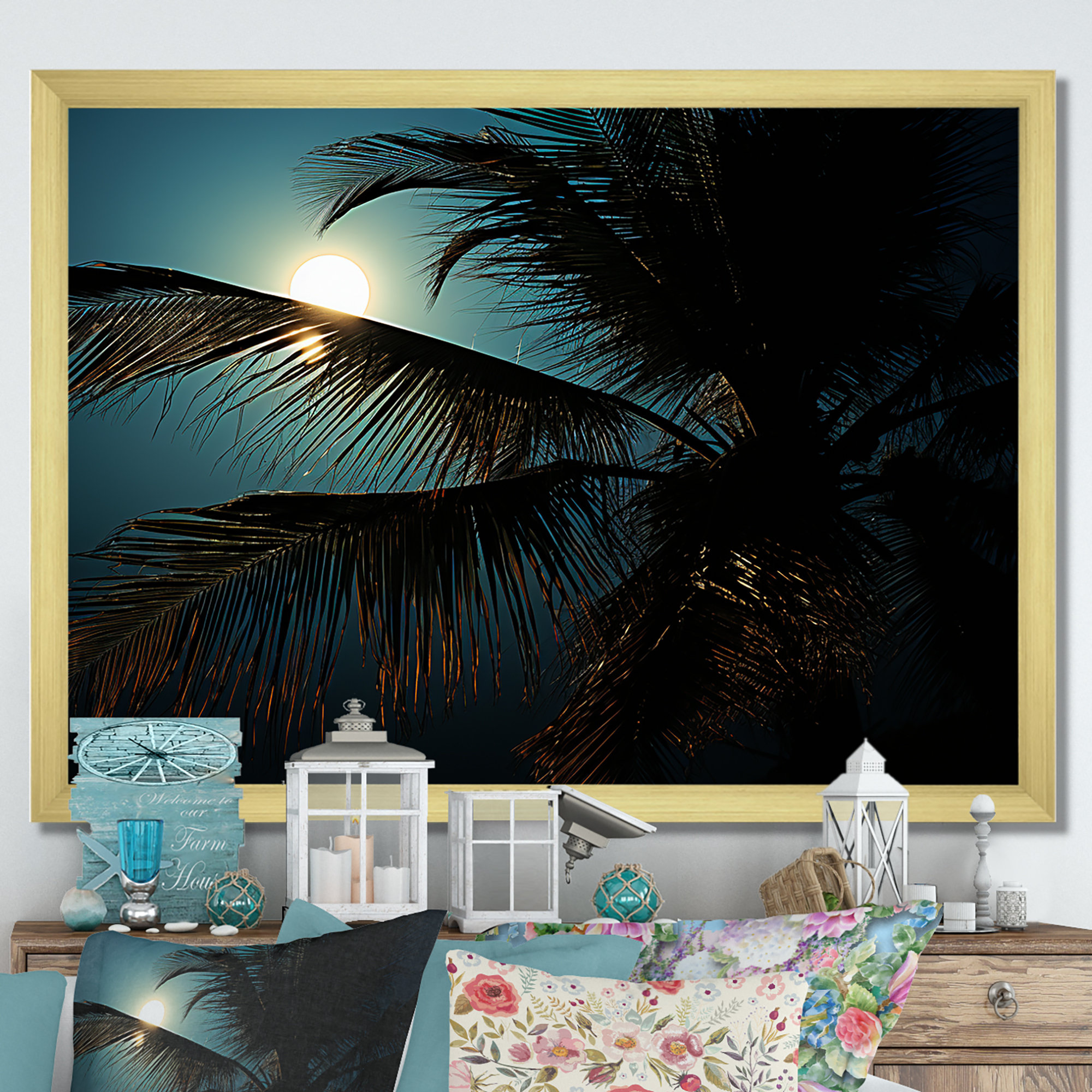 Design Art Sapphire Solitude Palm Serenity On Canvas Print | Wayfair